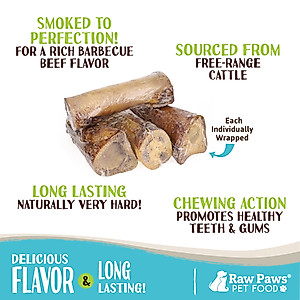 Raw Paws Smoked Beef Marrow Bones for Dogs - 6 inch, 4-ct - Packed in USA - Beef Bones for Dogs - Free Range Bone Marrow Treats for Dogs - Dog Chew Bones for Aggressive Chewers, Dog Marrow Bone Treats