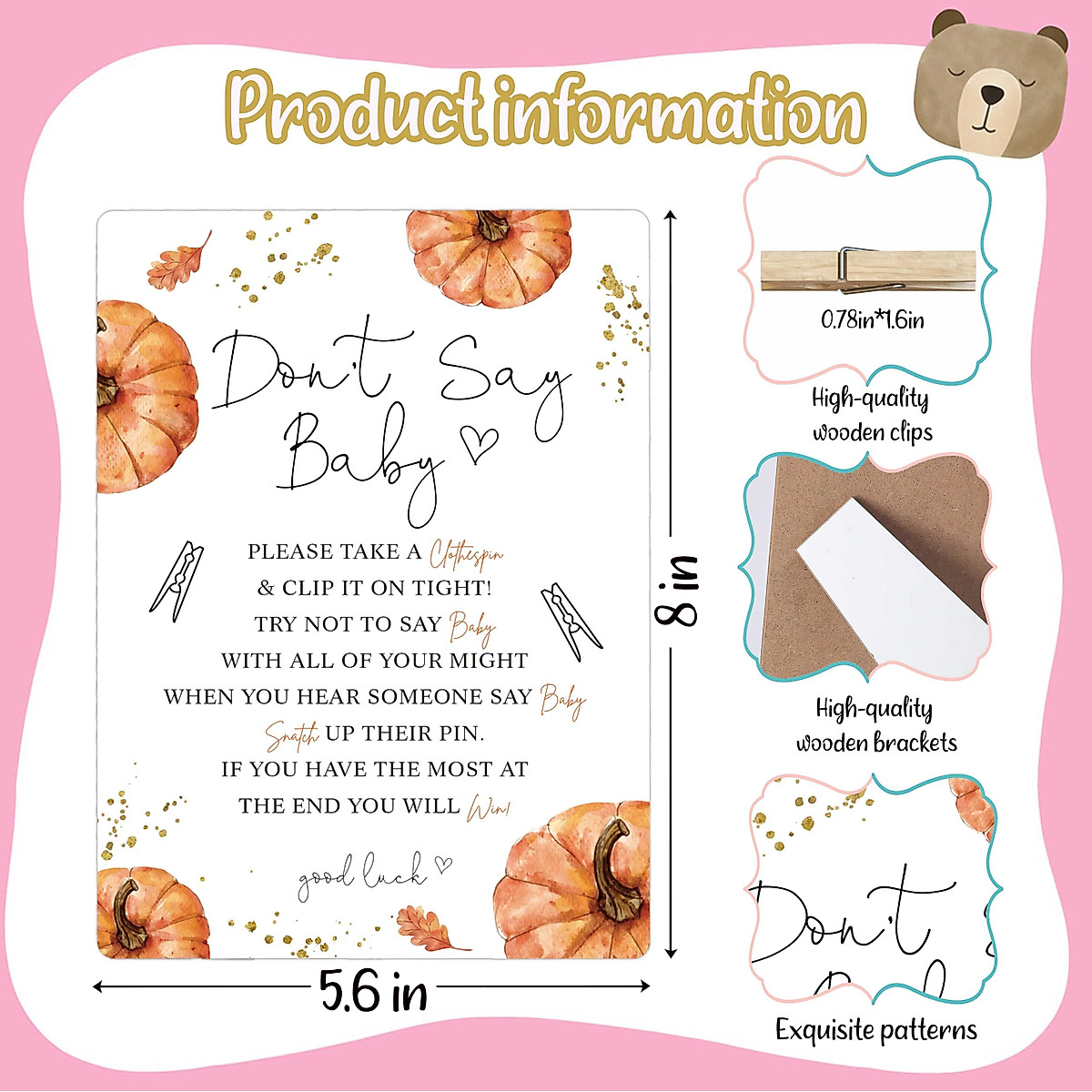 Baby Shower Sign, Don't Say Baby Baby Shower Game, for Little Pumpkin Baby Shower Decorations, Neutral Baby Shower Decor, Mini Clothespins for Baby Shower, 1 Wooden Sign & 50 Mini Clothespins Set-5