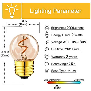 Qixivcom 2W G40 LED Filament Light Bulb Dimmable(5-Pack)- E26 Mini Led Bulb 120V 20W Equivalent LED Edison Light Bulb 2200K Warm White Decorative Lights Bulb Amber Glass Outdoor Lighting for Bar Home