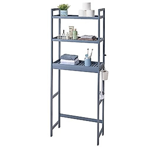 VEVOR Over the Toilet Storage, 3-Tier Adjustable Over Toilet Bathroom Organizer, Bamboo Storage Shelf Rack with 3 Hooks, Freestanding Easy Assembly Laundry Space Saver, Fit Most Toilets, Gray