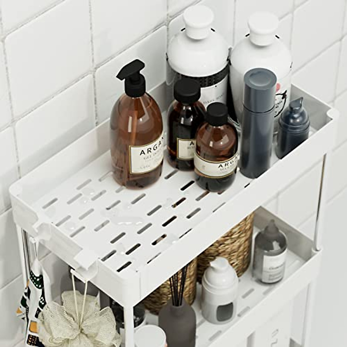 OTK Storage Cart 4 Tier Mobile Shelving Unit Organizer, Utility Rolling Shelf Cart with Wheels for Bathroom Kitchen Bedroom Office Laundry Narrow Places, White