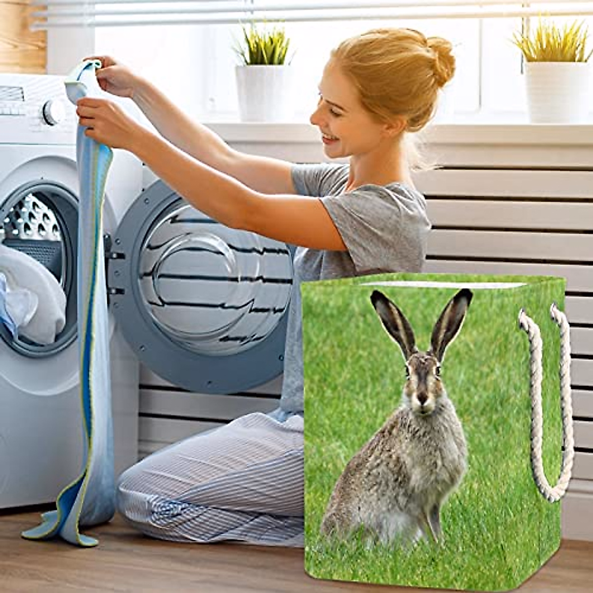 DEYYA Waterproof Laundry Baskets Tall Sturdy Foldable Wild Rabbit Bunny Hare Nature Grassland Print Hamper for Adult Kids Teen Boys Girls in Bedrooms Bathroom