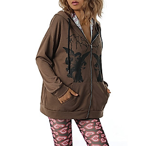 Yuemengxuan Women Man Goth Hoodie Sweatshirts Y2k Aesthetic Zip Up Jacket 90s Long Sleeve Graphic Coat Couple Top Streetwear (Coffee, L)