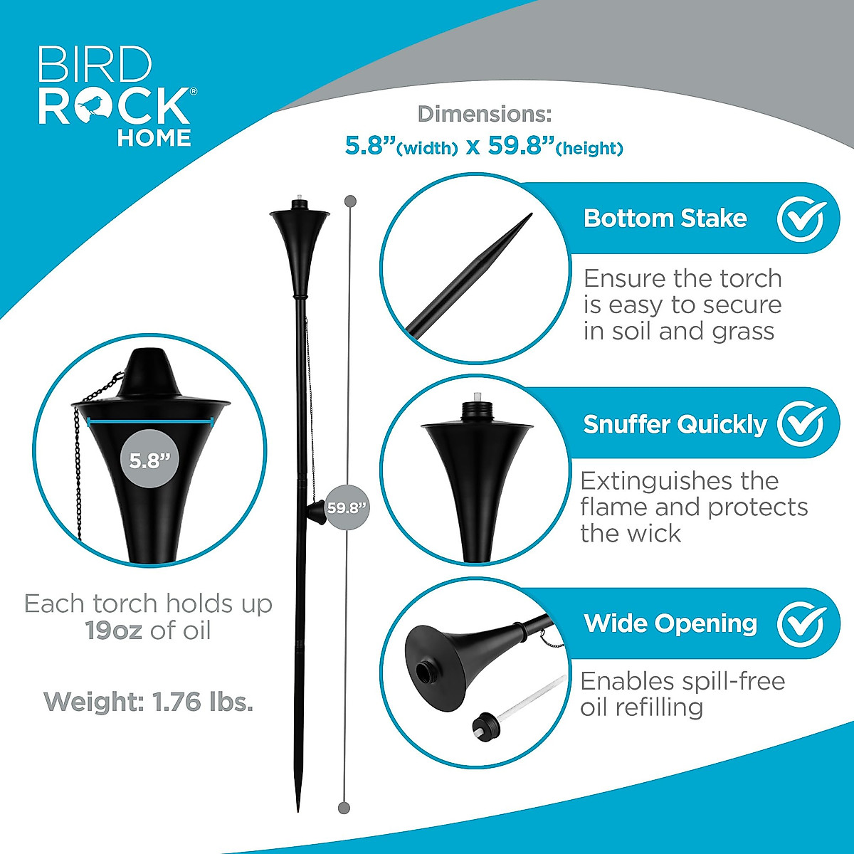 BIRDROCK HOME Outdoor Torches - Durable Construction, Modern Design, Weather Resistant, Citronella Oil Compatible, Ideal for Backyards, Patios, Pathways - Fiji Black, 2 Pack