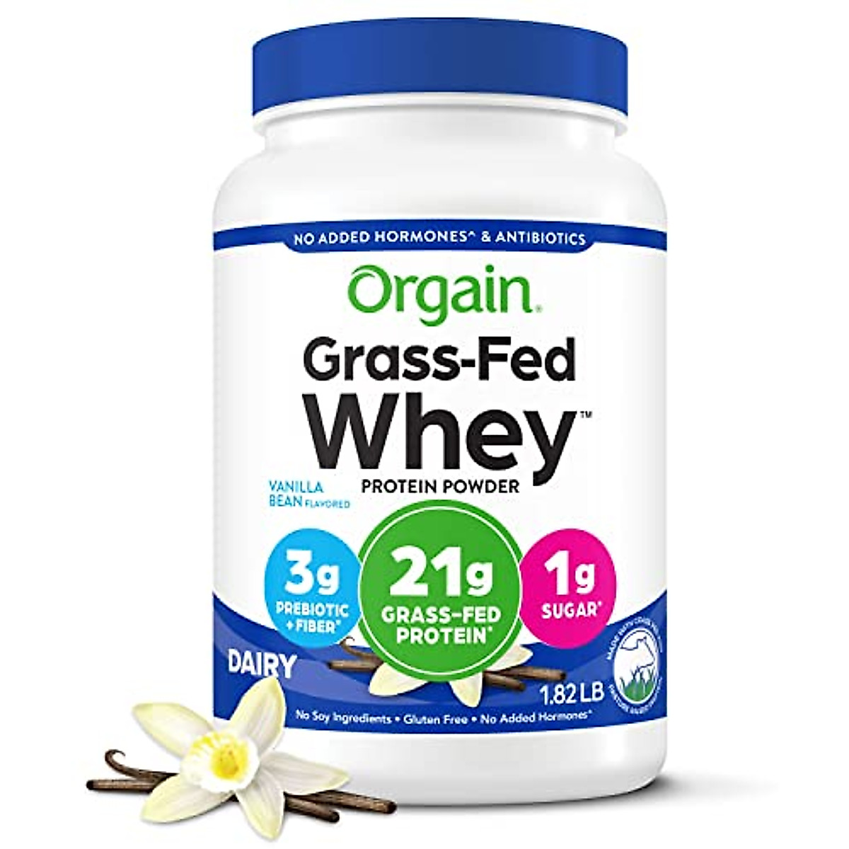 Orgain Grass Fed Whey Protein Powder, Vanilla Bean - 21g of Protein, Low Net Carbs, Gluten Free, Soy Free, No Sugar Added, Kosher, 1.82 Lb (Packaging May Vary)