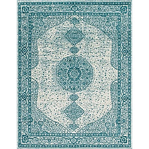 Unique Loom Bromley Collection Vintage, Medallion, Country, Traditional, Border Area Rug, 8 ft x 10 ft, Turquoise/Ivory