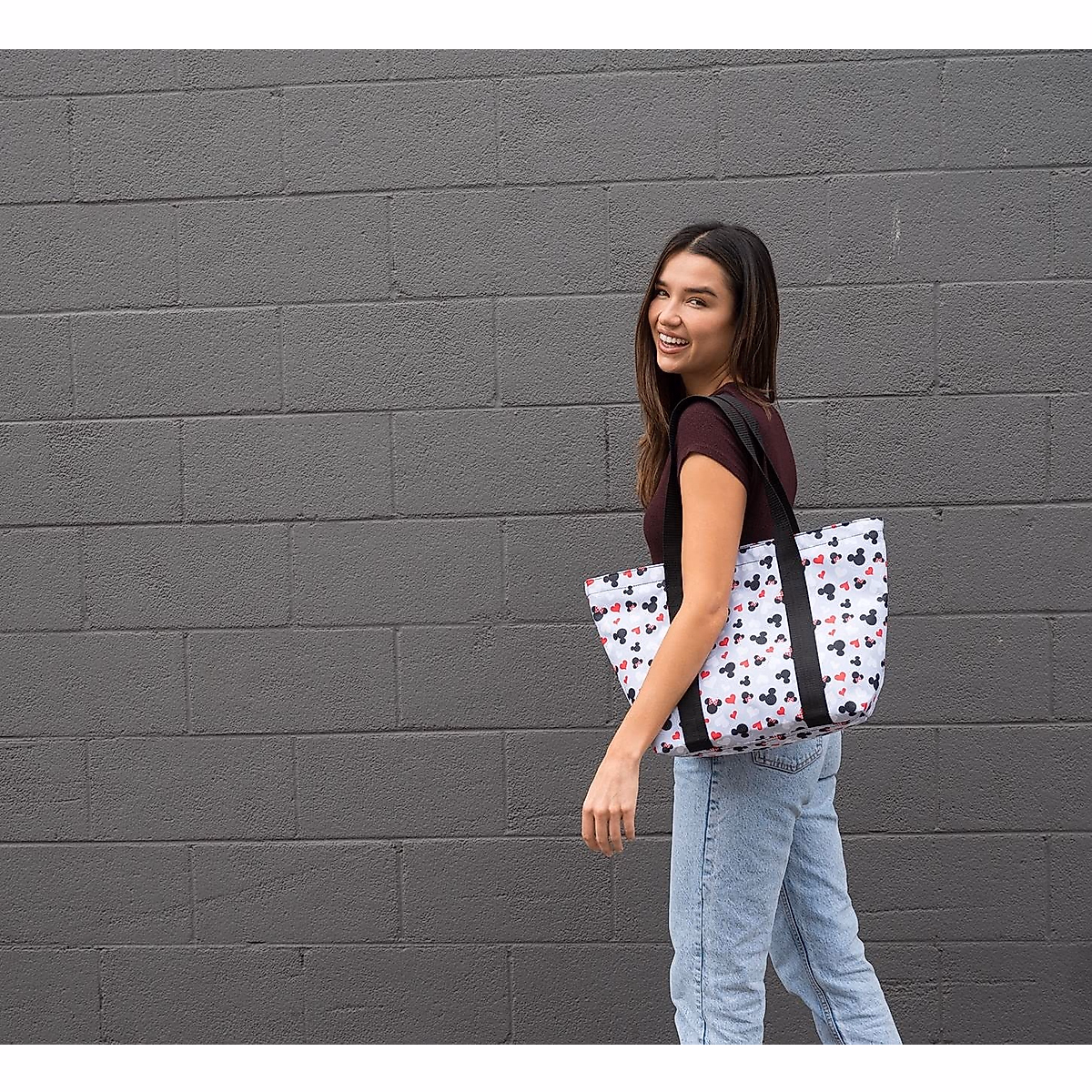 Disney Tote Mickey & Minnie Mouse Icon Print Zipper Travel Bag (Grey)