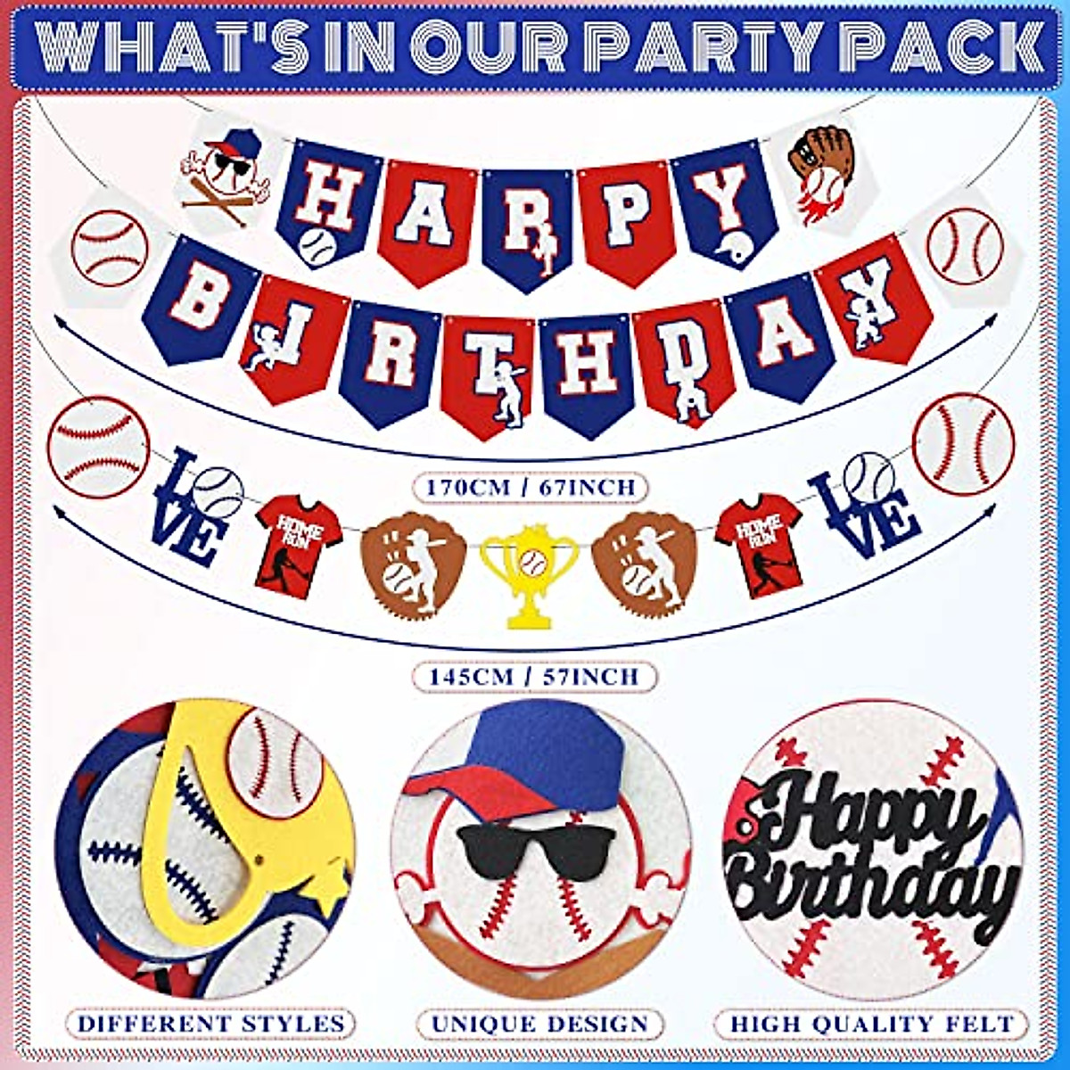 Baseball Birthday Party Decorations Sports Party Supplies Baseball Theme Happy Birthday Banner Cake Topper Balloons Paper Pom Poms Lanterns for Boys Girls Birthday Baby Shower (Baseball-01)