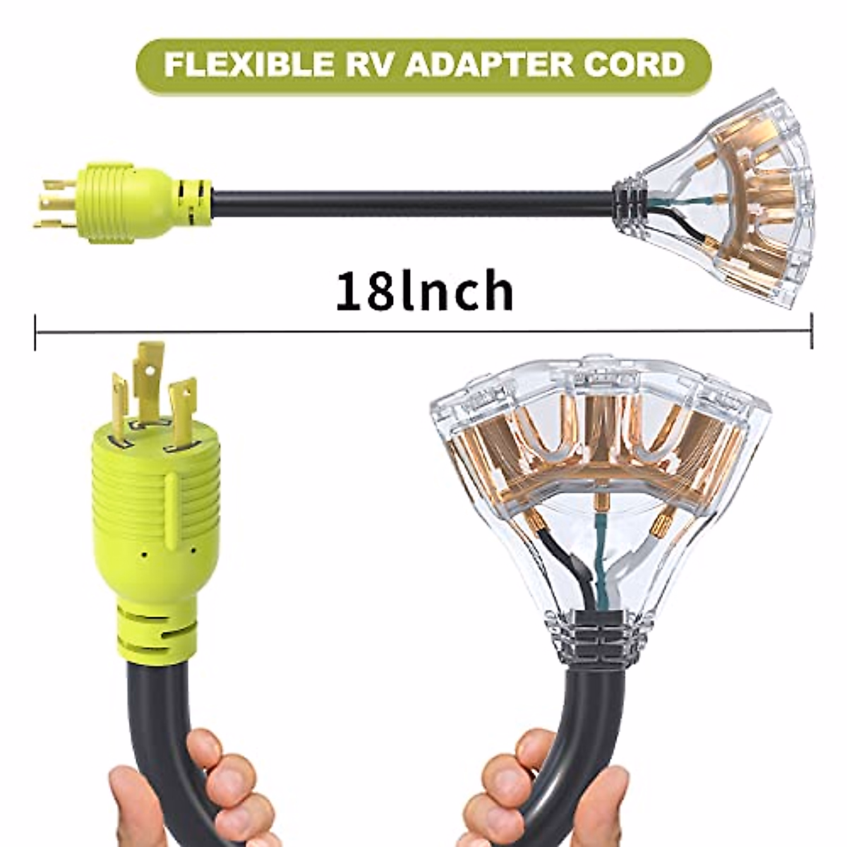 AOWEITOUR RV 30 Amp to 110 Adapter Generator Power Cord, 3 Prong 30 Amp Adapter Plug to 20 Amp Twist Lock Socket,NAMA L5-30P Male Plug to 3X 5-20R T-Blade Female,10 AWG STW (1.5FT)