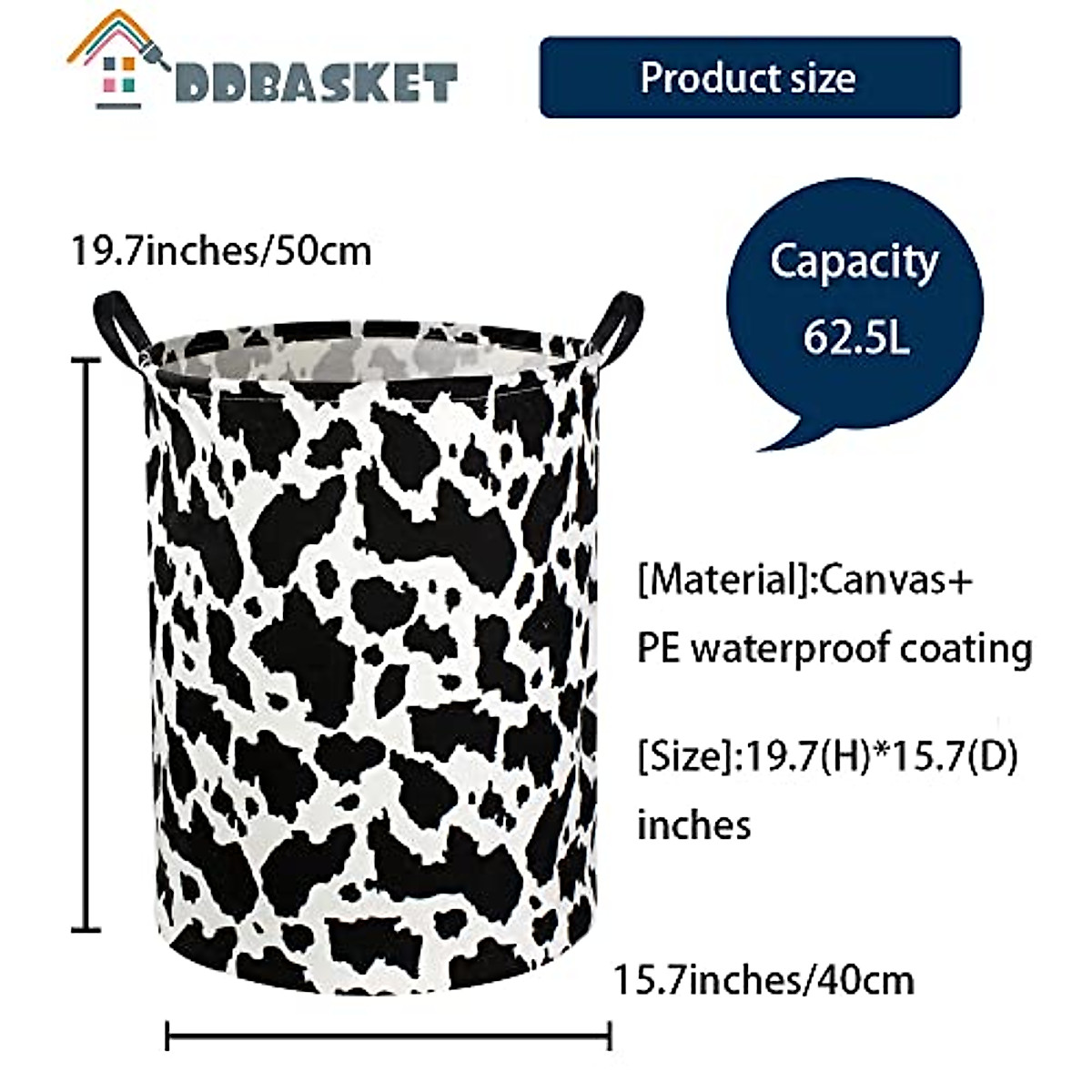 DDBASKET Cow Print Laundry Basket Baby Nursery Clothes Hamper Collapsible Toy Storage Bin Organizer with Handles for Kids,Boys and Girls Room Decor(Cow)