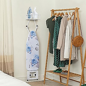 Ironing Board Hanger Wall Mount for Y Leg Ironing Board Holder with Shelf and Wooden Base Basket Iron Holder Rack with Hooks for Home Laundry Room White
