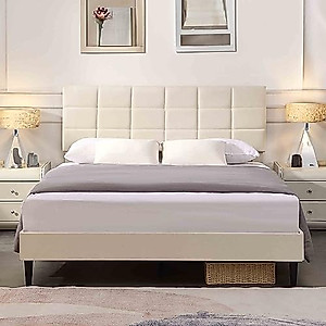 RIDFY Queen Bed Frame with Fabric Headboard, Upholstered Platform Bed Frame, Heavy Duty BedFrame with Wood Slat Support, Mattress Foundation/No Box Spring Needed/Easy Assembly (Beige)