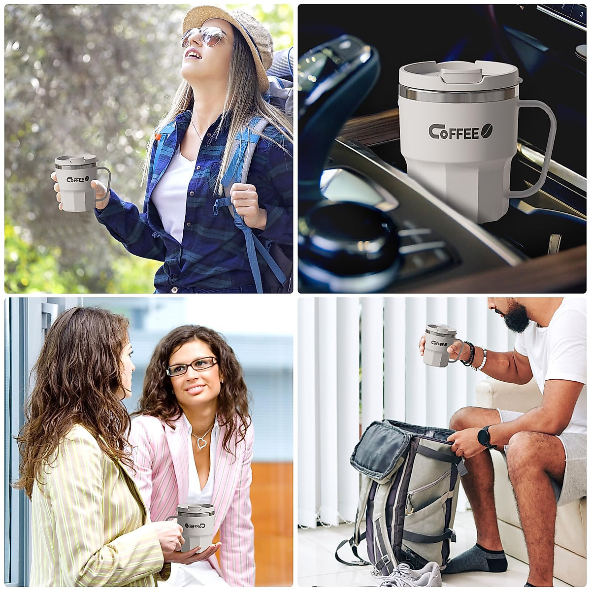 Colawind 13oz Travel Mug, Reusable Coffee Cups with Flip Top Lids, Stainless Steel Coffee Tumbler with handle, 400ml White Drink Cup for Iced Tea, Coffee, Water