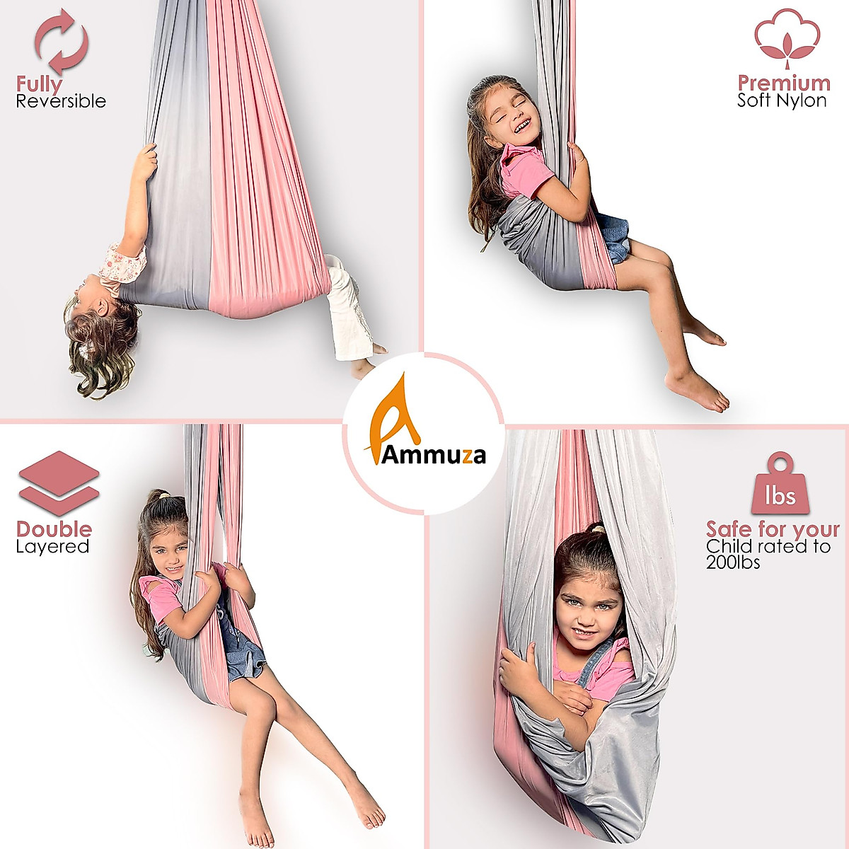 AMMUZA Indoor Sensory Swing For Kids & Adults 200lb - Therapy Swing For Autism, ADHD, Aspergers - Indoor Hammock Kids Swing, Calming Relaxing 360° Adjustable Sensory Toys Gifts (Pink & Grey)