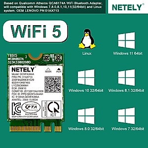 NETELY IEEE 802.11AC WiFi 5 NGFF M2 Interface 1200Mbps WiFi Adapter with Bluetooth 4.2 for Laptop PCs, 2.4GHz 300Mbps and 5GHz 867Mbps NGFF M2 WiFi Card, OEM Lenovo FRU PN: 01AX713 (QCNFA344A)