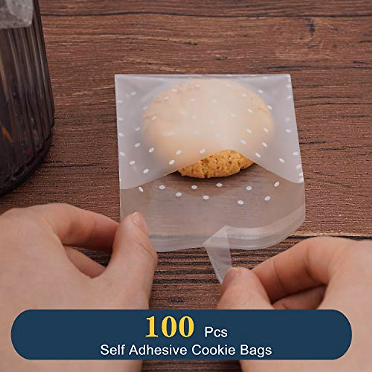 Self Adhesive Cookie Bags Treat Bags, Resealable Cellophane Bags, White Polka Dot Individual Cookie Bags with Thank You Stickers for Gift Giving (3.9''x3.9'', 100 Pcs)