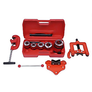 ZAWAYINE Handheld Pipe Threader Ratchet Kit W/5 Stock Dies Set, Portable Manual Ratcheting BSPT Pipe Threading Tool Set, Portable Pipe Die Set 3/8",1/2",3/4",1",1-1/4"