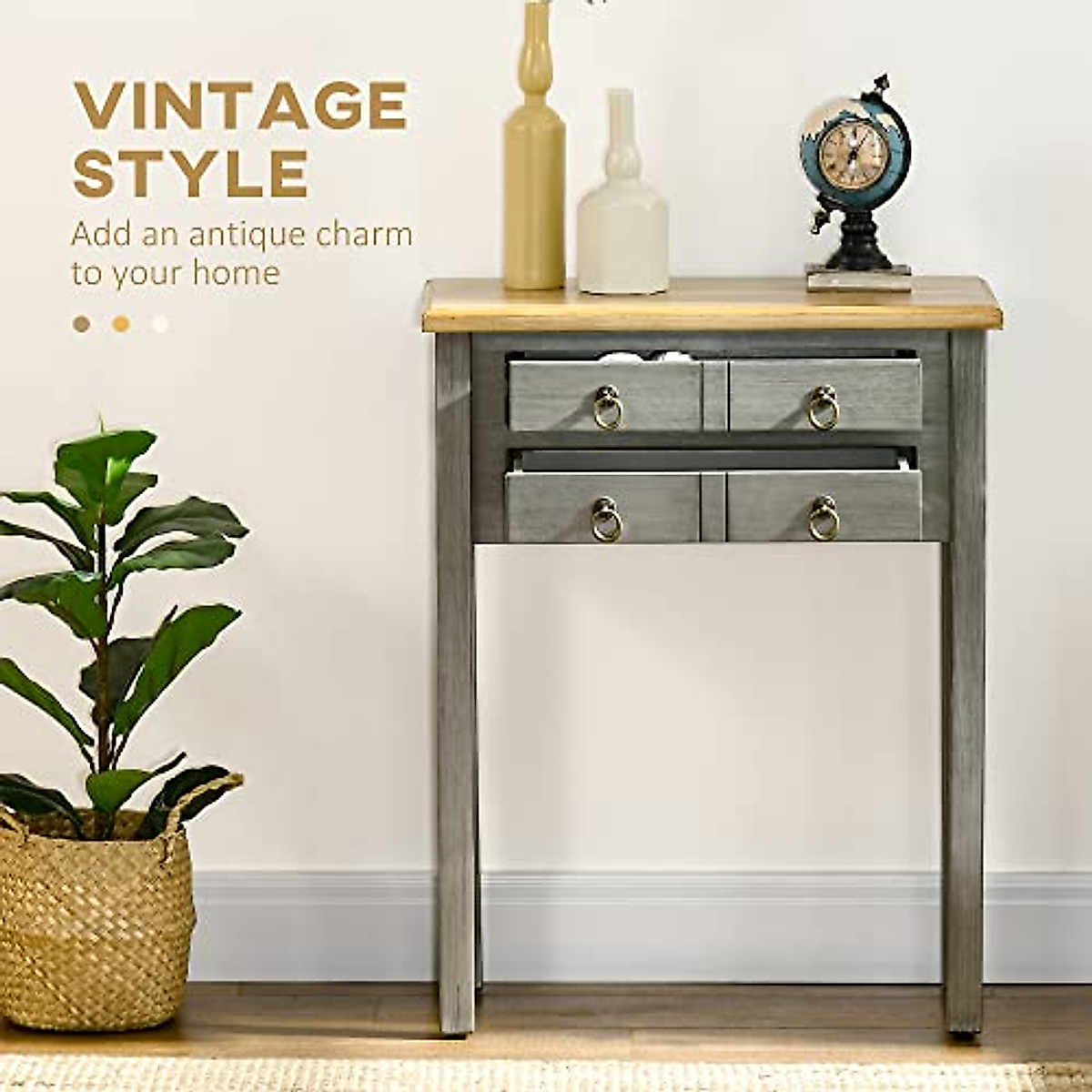 HOMCOM Vintage Console Table Retro Entryway Table with 2 Drawers for Living Room and Hallway - Grey