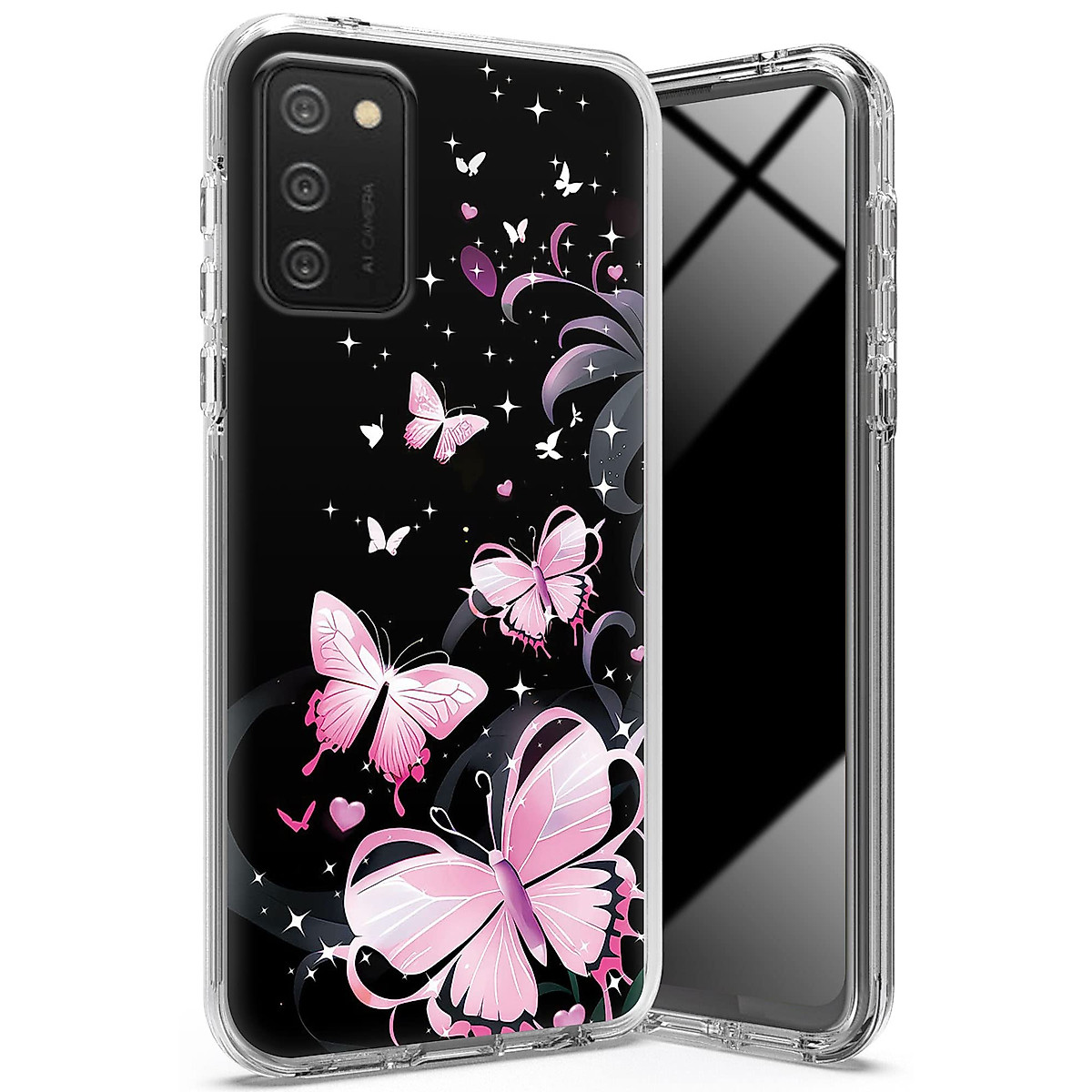 RYUITHDJP Galaxy A03S/A03 Case 6.5" with Glitter Bling Pink Butterfly Theme Design, for Samsung A03s Case Clear Stylish Transparent Durable Cover