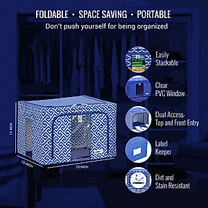 Foldable Clothes Storage Bag Organizer Pop Up Bins Strong Handle Quality Fabric for Collapsible Closet Boxes 4 Pack (Large) (Blue COBALT)