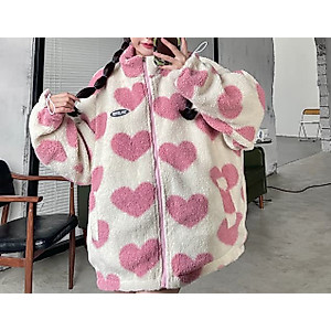 Women's Fleece Sherpa Jackets Reversible Kawaii Heart Print Fuzzy Zip Up Coats Aesthetic Y2k Winter Oversized Outwear (Pink,XL)