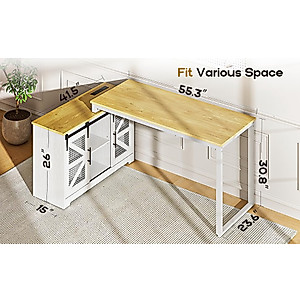 DOMICON Rustic Corner Desk with Storage, L Shaped Farmhouse Office Desk with Sufficient Storage Capacity, Built-in Power Socket and Barn Door Design