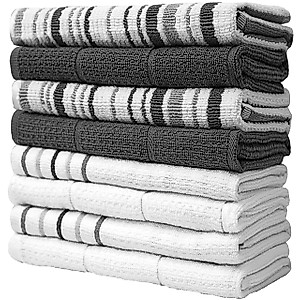 Pack of 8 Premium Kitchen Towels Set - Striped Waffle Yarn Dyed Kitchen Hand Towels - Large, 420 GSM, Ultra Absorbent - Dish Towels for Drying Dishes - Cotton Tea Towels - Kitchen Hand Towels - Grey