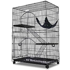 Homey PET INC Folding Wire Cat Ferret Collapsible Foldable Lockable Habitat Crate with Casters,Tray and Hammock, 36", Black