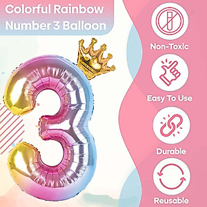 Captain Decor 3 Number Balloon 40 Inch Rainbow Gradient with Detachable Crown – Easy Inflate and deflate reusable, Premium Foil Mylar Balloons for Birthdays, Anniversaries, and Party Decorations