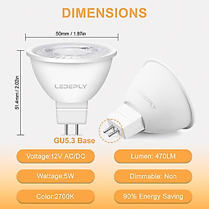 MR16 LED Bulb, 5W=50W, Non-Dimmable, 2700K Warm White, 470LM, AC/DC 12V Spotlight Bulb, GU5.3, No-Flicker, for Landscape, Recessed, Track Lighting, 6 Pack