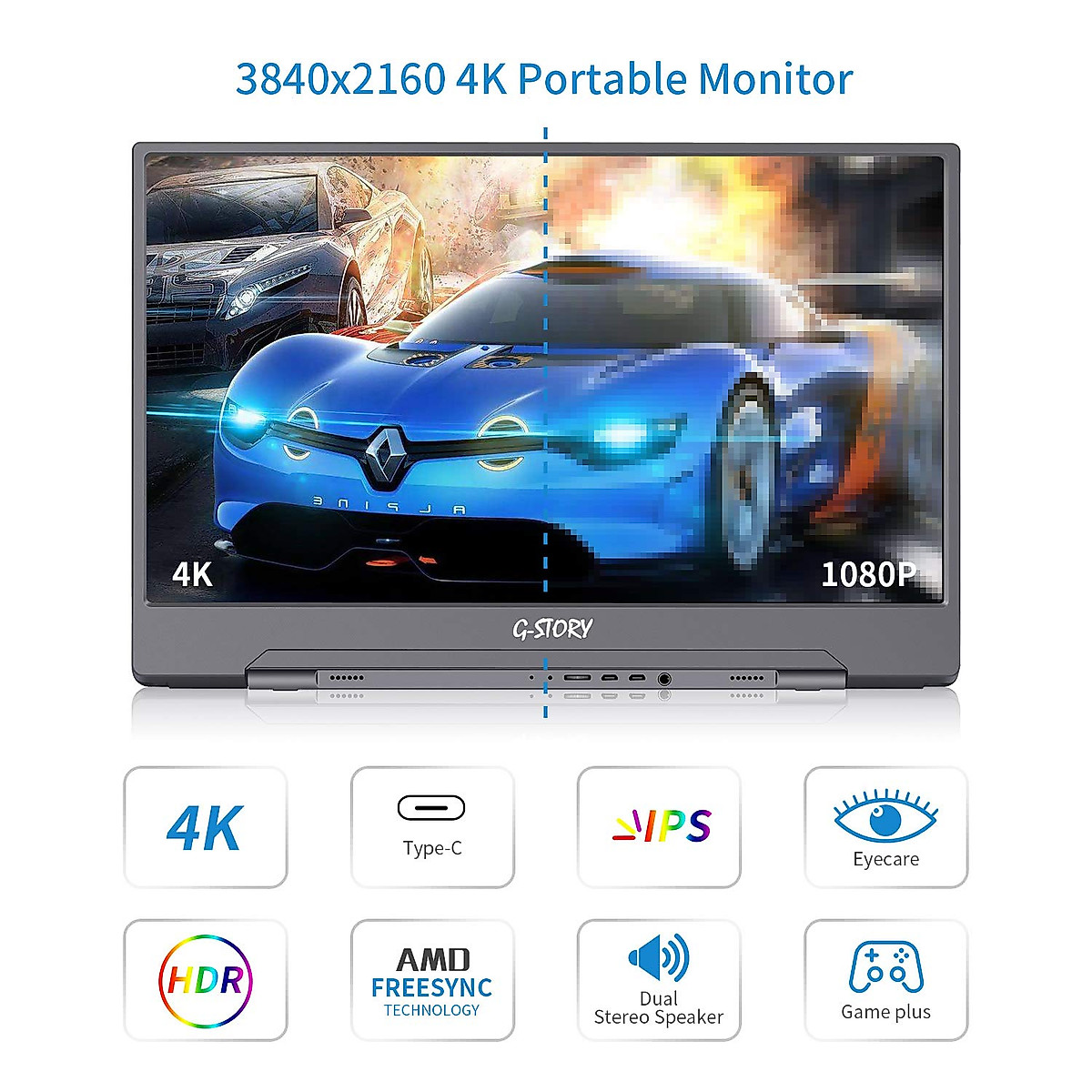 G-STORY 4K Portable Monitor,15.6 Inch UHD 4K Portable Gaming Monitor, IPS Eye Care Second Screen with FreeSync, Mini HDMI HDR, USB C Portable Monitor for Laptop PS5 PS4 NS Phone, Bracket Integrated