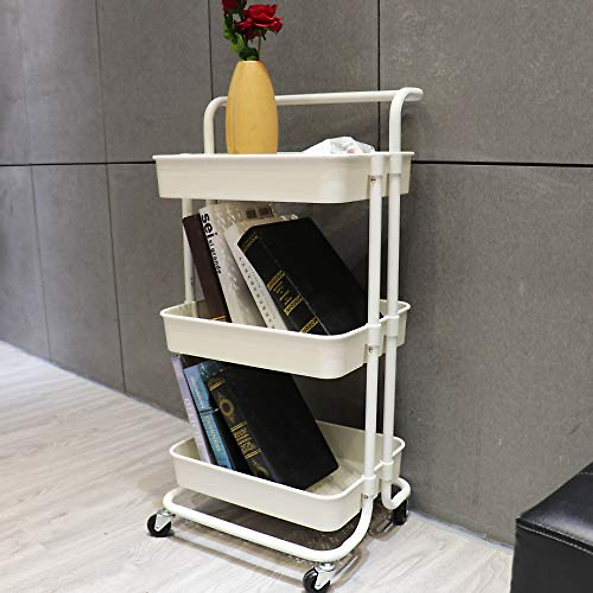 Piowio 3 Tier Utility Rolling Cart Multifunction Organizer Shelf Storage Cart with 3 Pieces Cups and 8 Pieces Hooks for Home Kitchen Bathroom Laundry Room Office Store etc. (White)