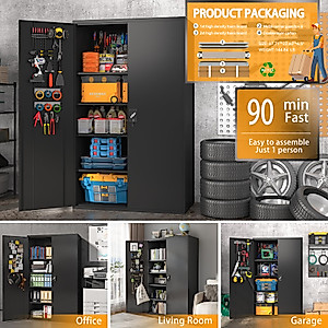 Upgraded Tall & Wide Metal Storage Cabinet with Doors & 4 Adjustable Shelves | Heavy-Duty Black Lockable Garage Cabinet with Wheels & Pegboard for Office, Gym, Basement, Warehouse (Black)