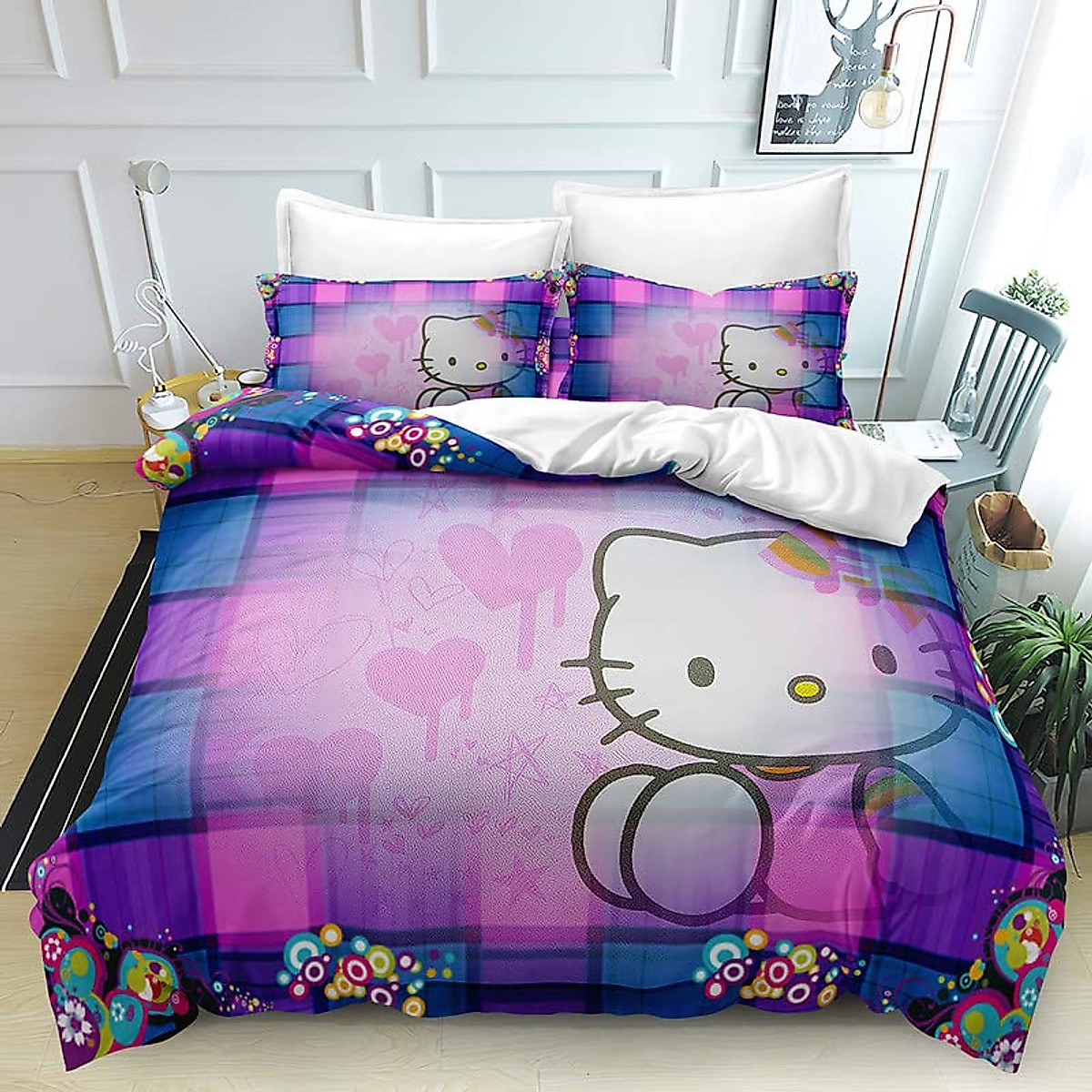 SSPENT The Anime Printed Hello Duvet Quilt Cover Kitty Bedding Sets 1 Bed Cover and 2 Pillowcases for Kids Teenagers Adult