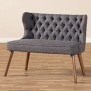 Baxton Studio Sydney Walnut Wood Button-Tufting with Nailheads Trim 2-Seater Loveseat Settee, Dark Grey