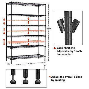 6 Shelf Wire Shelving Adjustable Storage Shelves Steel Wire Rack Metal Shelf 2100Lbs Capacity Standing Storage Shelf Units for Laundry Kitchen Garage Pantry Closet ( Black, 48" L x 18" W x 82")