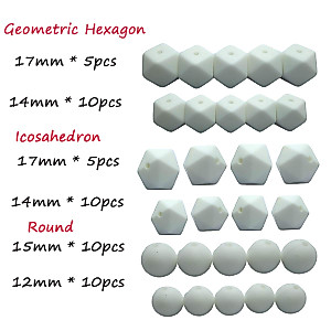 Alenybeby 50pcs DIY Silicone Pearl Beads Set 14/17mm Hexagon Icosahedron 12/15mm Round Beads for Keychain Mom Craft Necklace Jewelry Making