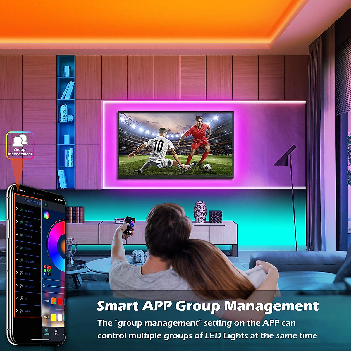 Aulimhti 100ft Led Strip Lights,Bluetooth APP Control Music Sync LED Lights for Bedroom,Led Lights with Remote,5050 RGB Color Changing Lights for Room Party (70FT)