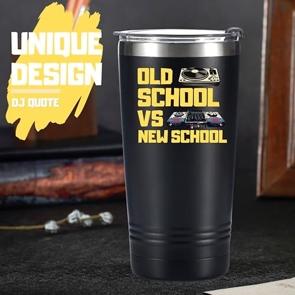 Onebttl DJ Gifts for Men, Women, Disc Jockey Gifts, DJ Tumbler, Old School New School, Gifts for Disco Lovers, Bar Lovers, Stainless Steel Tumbler 20OZ - Black, Manual