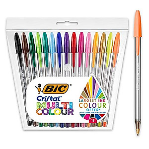 BIC Cristal Multicolour Ballpoint Pens With Wide Tip (1.6mm) Pens For Colourful Writing In Assorted Colours, Pack Of 15
