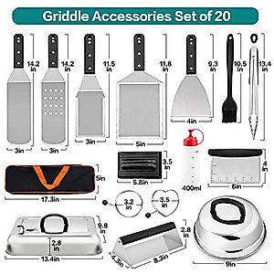 Leonyo Griddle Accessories Set of 20, Stainless Steel Grill Accessories Kit with Metal Spatula, 13" & 9" Melting Dome, Burger Grill Press, Professional Hibachi Grilling Tool for Flat Top, Outdoor BBQ