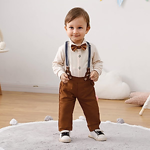 YUEMION Baby Boy Clothes Set Infant Tuxedo Long Sleeve Gentleman Suit Outfits + Beret Hat + Suspender Pants + Bowtie(L Beige - long sleeve, 6-12 Months)