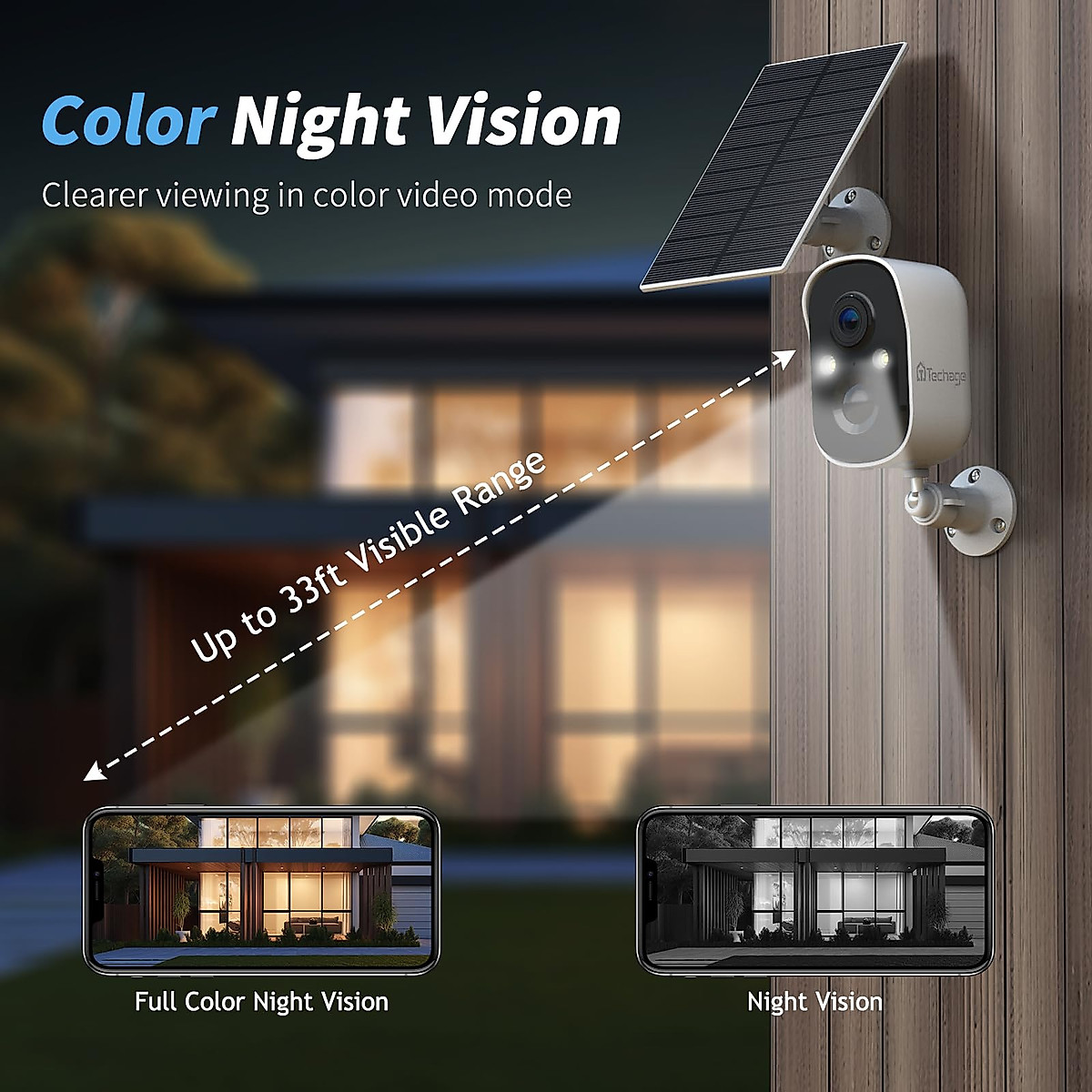 Techage Security Cameras Wireless Outdoor, Solar Cameras for Home Security Outside with AI Motion Detection, 1080P Color Night Vision, IP66 Weatherproof, 2-Way Talk, 2.4Ghz WiFi, Cloud/SD Storage