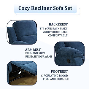 Plithzy Recliner Sofa Set Living Room Furniture, Microfiber Fabric Reclining Sofa Set, Recliner Couch Set with Cup Holders for Office Home (3 Piece Living Room Furniture Set, Blue)