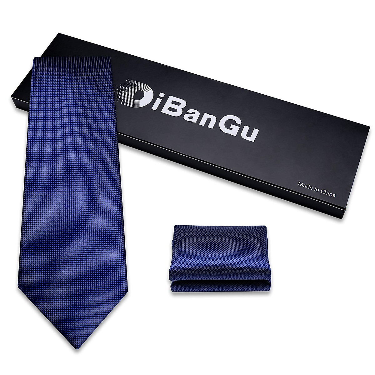 DiBanGu Mens Solid Color Tie and Pocket Square Set Woven Silk Plain Necktie & Handkerchief for Men Wedding Party Formal, Navy Blue