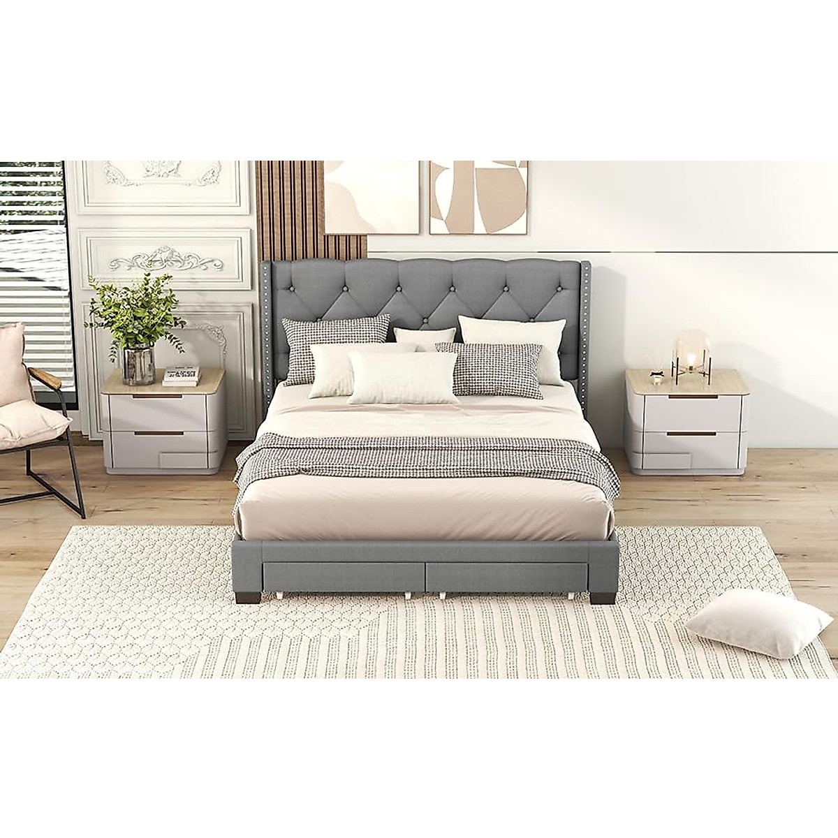 ALYSAHOME Upholstered Queen Size Platform Bed with Storage for Kids,Adults Bedroom,Linen Fabric Bedframe w/Two Drawers & Tufted Nailed Headboard,Space Saving Design & No Box Spring Needed, Gray