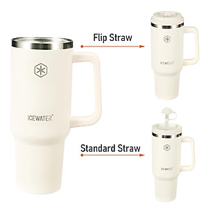 ICEWATER 40 oz Tumbler with 2 Lids (Flip & Standard Straw),100% Leak Proof Insulated Tumbler with Handle, Cup Holder Friendly, Stainless Steel Water Bottle, Gifts for Women & Men (Cream)
