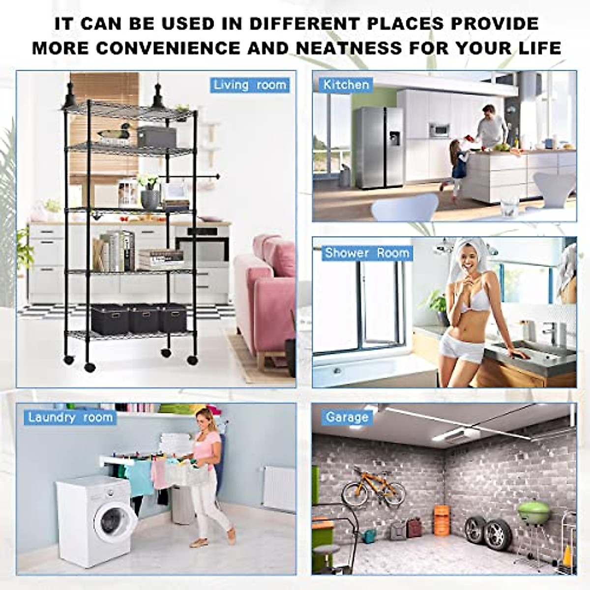 Dlewmsyic Wire Shelving with Wheels, 5 Layer 750 Lbs Capacity 60" Hx30 Lx14 W Metal Storage Shelf, Black