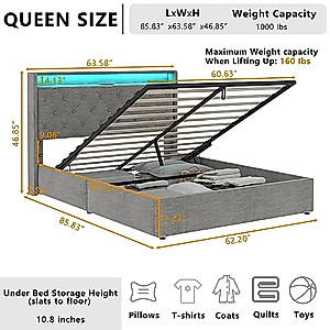 Loomie Queen Lift Up Bed Frame with Charging Station & LED Lights, Upholstered Bed with Button Tufted Wingback Storage Headboard, Hydraulic Storage, No Box Spring Needed, Wood Slats Support,Light Grey