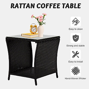 Kinsunny Square Glass Top Wicker Coffee Table, Outdoor Side Tables with Storage, Patio Furniture Patio Coffee Bistro Table PE Rattan Wicker Side Table w/Glass Top Indoor Outdoor, Black